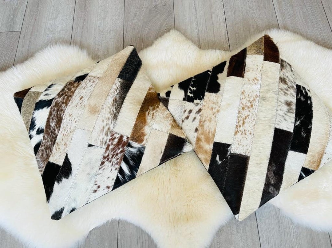 Set of 2 Tricolor Cowhide Patchwork Cushion Cover Stripe - Etsy