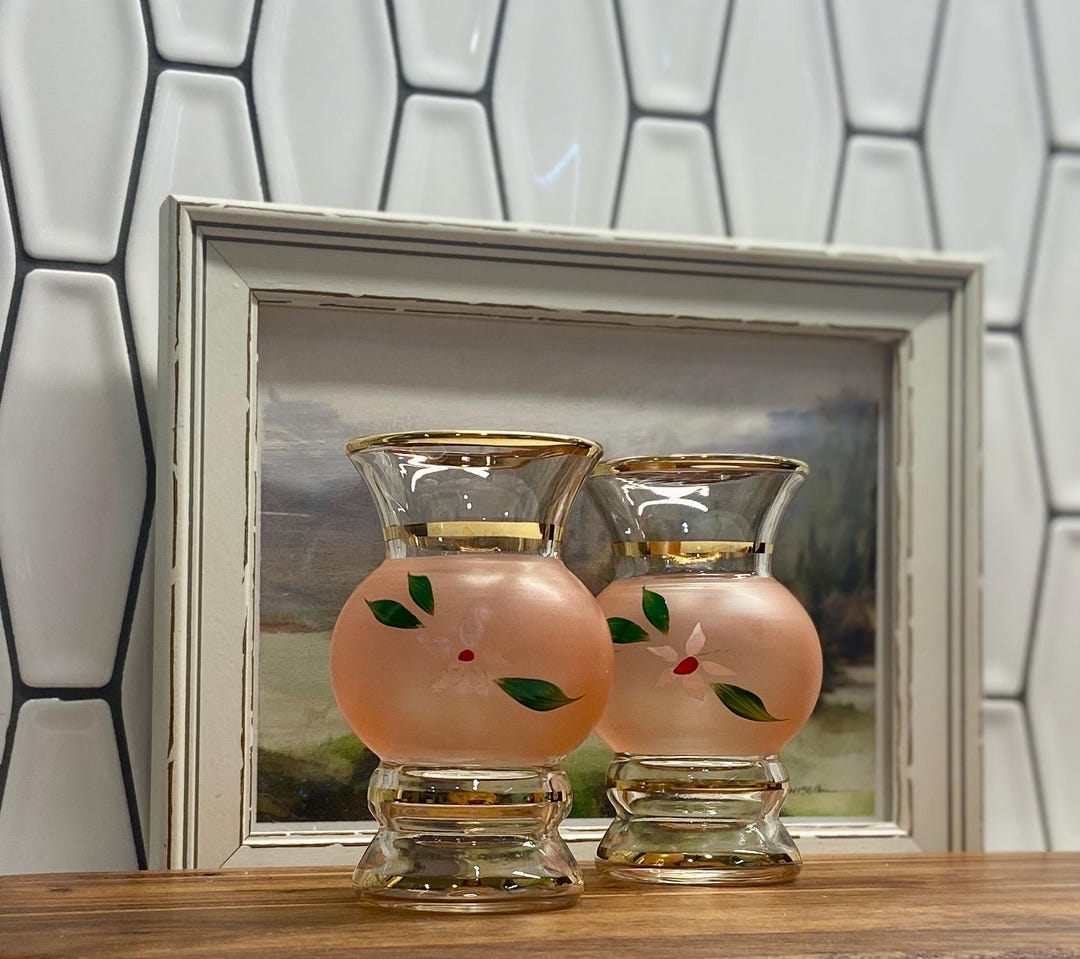 Vintage Peach Satin Glass Bud Vases, Hand Painted Floral, Mid Century ...