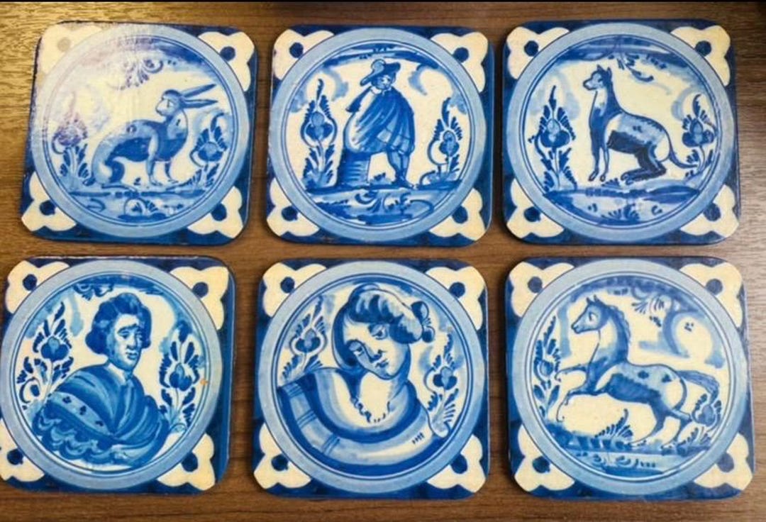 Delft Style Coasters – Set of 6 Blue and White Tile Print Drink Mats ...