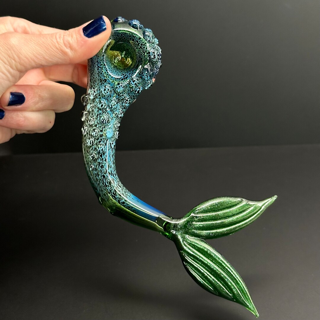 Mermaid Pipe in Speckled Green With Bubbles Tail Hand Blown Smoking ...