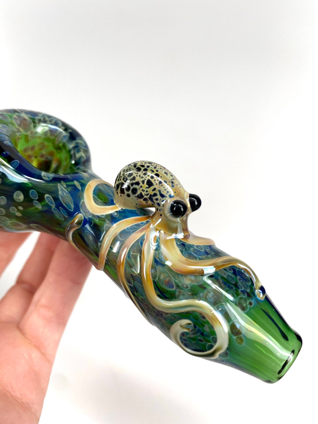 Octopus Glass Pipe in Green & Gold - Hand Blown Tobacco Pipe, Octopus ...
