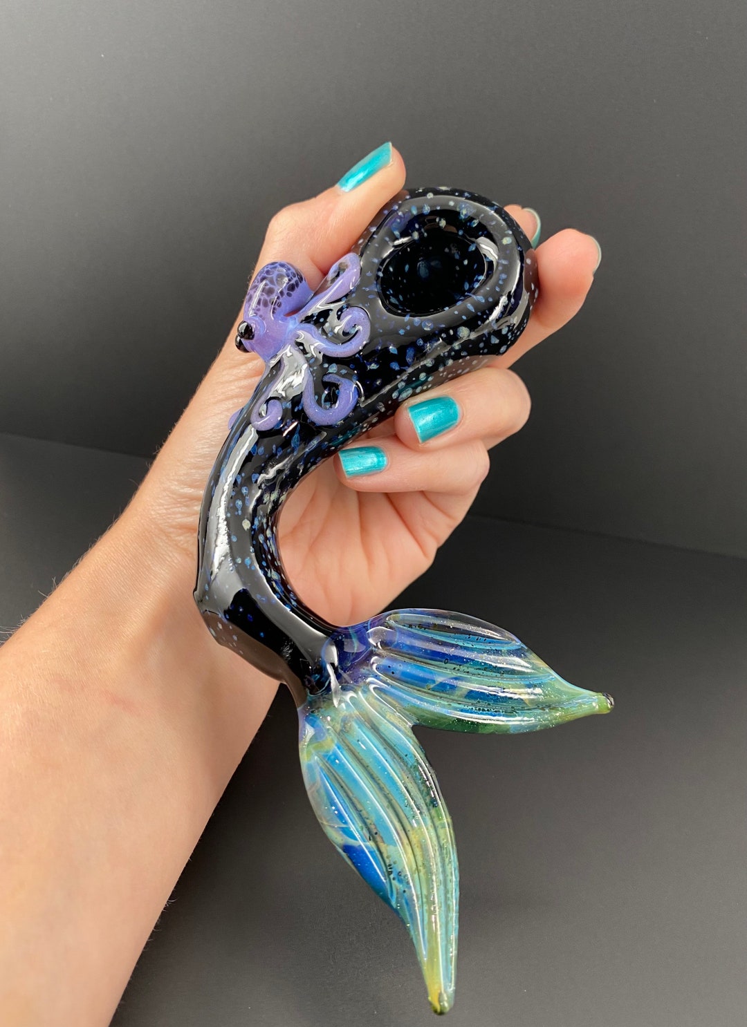 MADE TO ORDER Mermaid Tail Pipe With Octopus Glass - Black & Purple ...