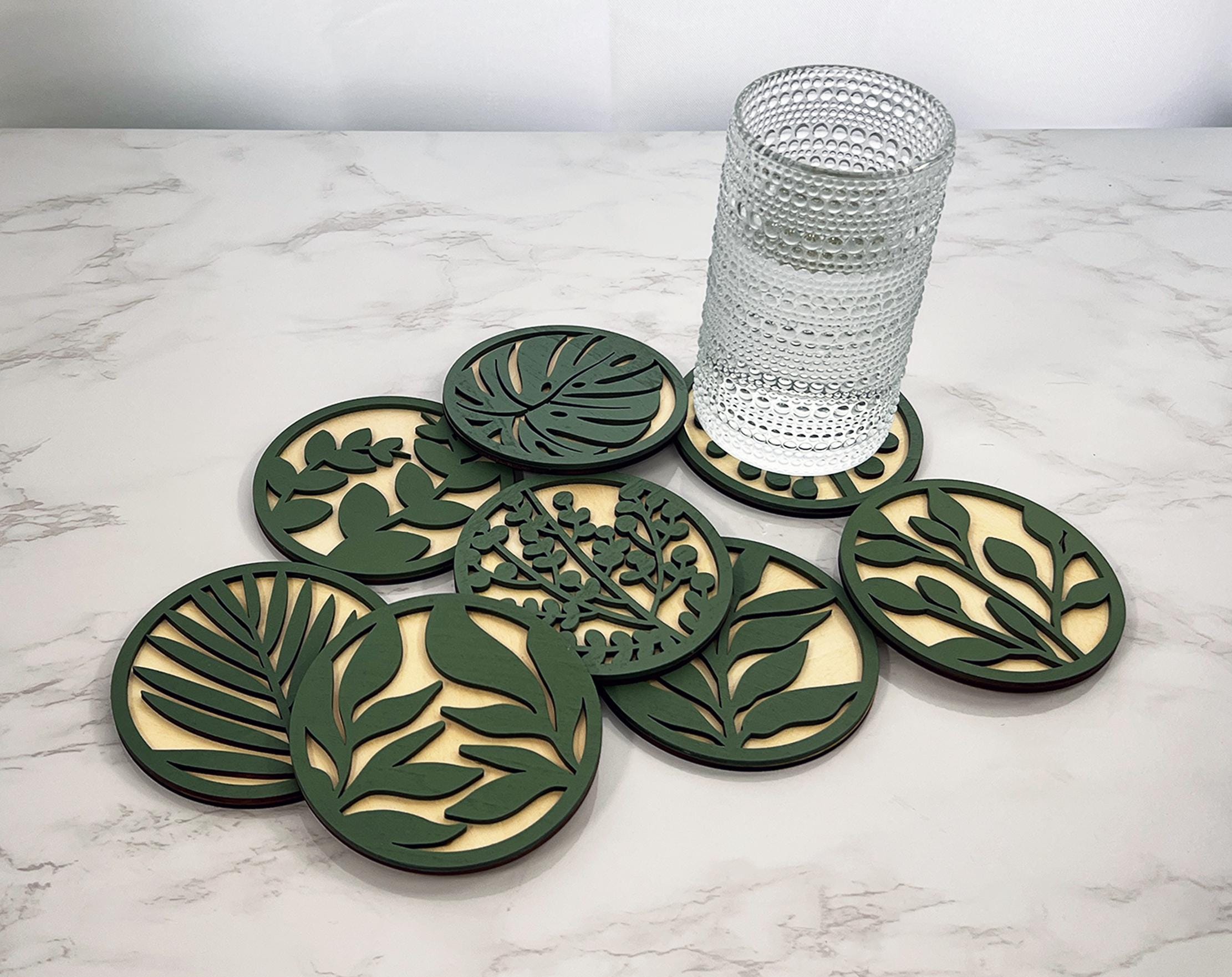 Leaf Coasters, Set of 8 Wood Coasters, Green Plant Coasters, Basswood ...