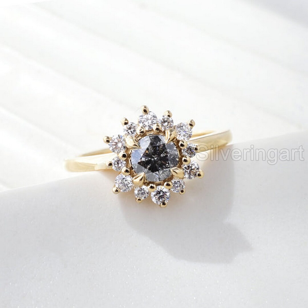 Marisol Round Salt & Pepper Diamond Halo Ring, Women Gold Engagement ...