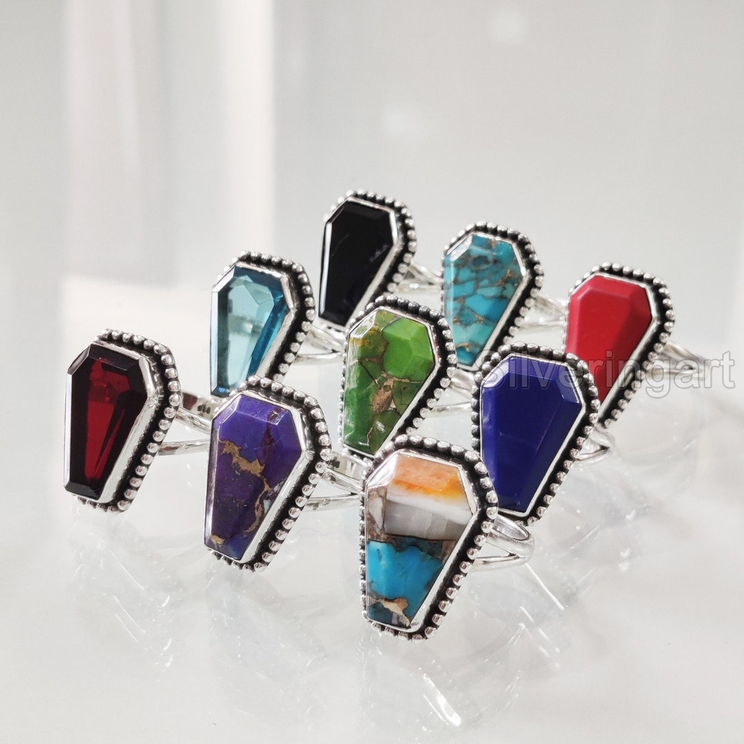 Natural Gemstone Ring, Bohemian Womens Ring, Coffin Ring, Solid 925 ...