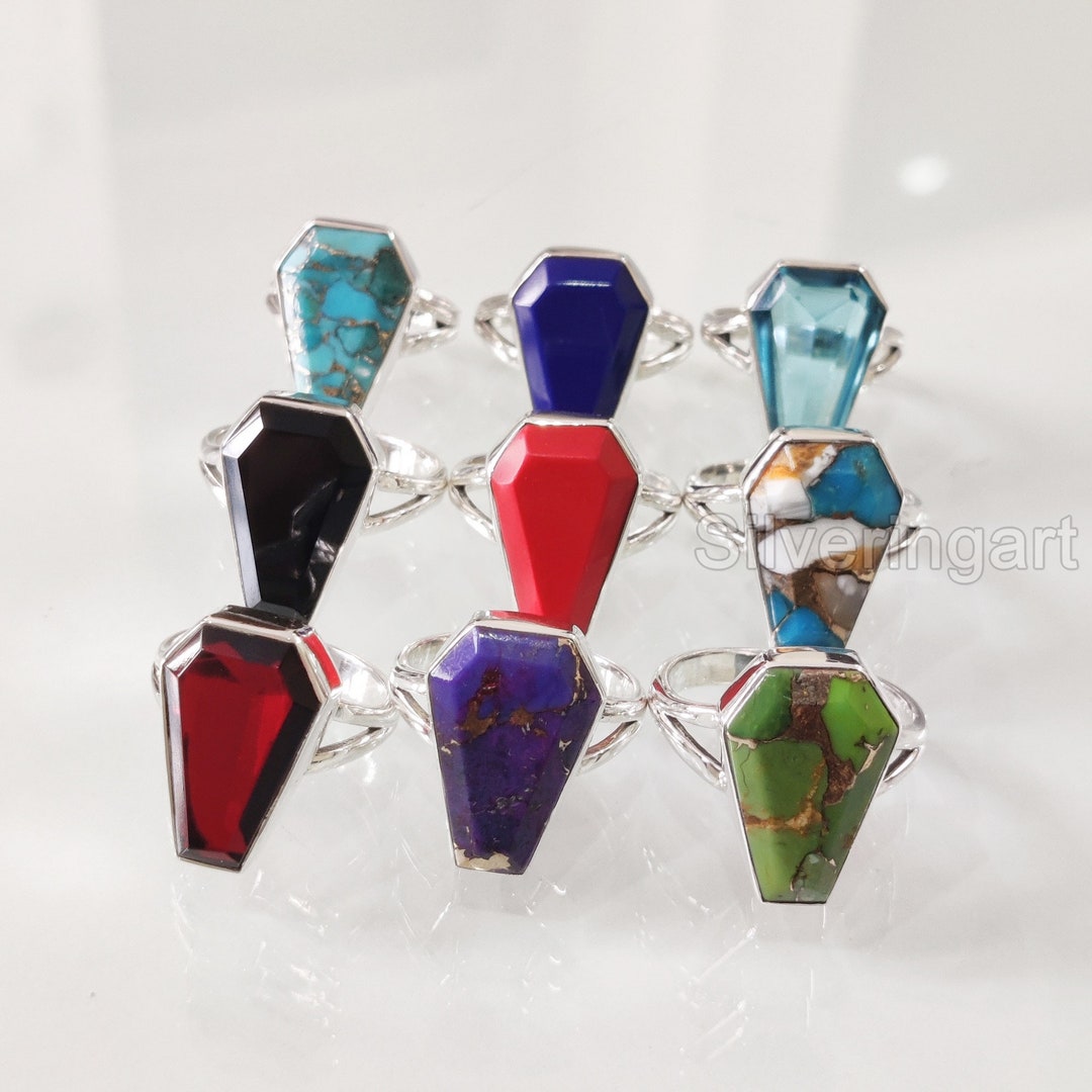 Natural Gemstone Ring, Bohemian Womens Ring, Coffin Ring, Solid 925 ...