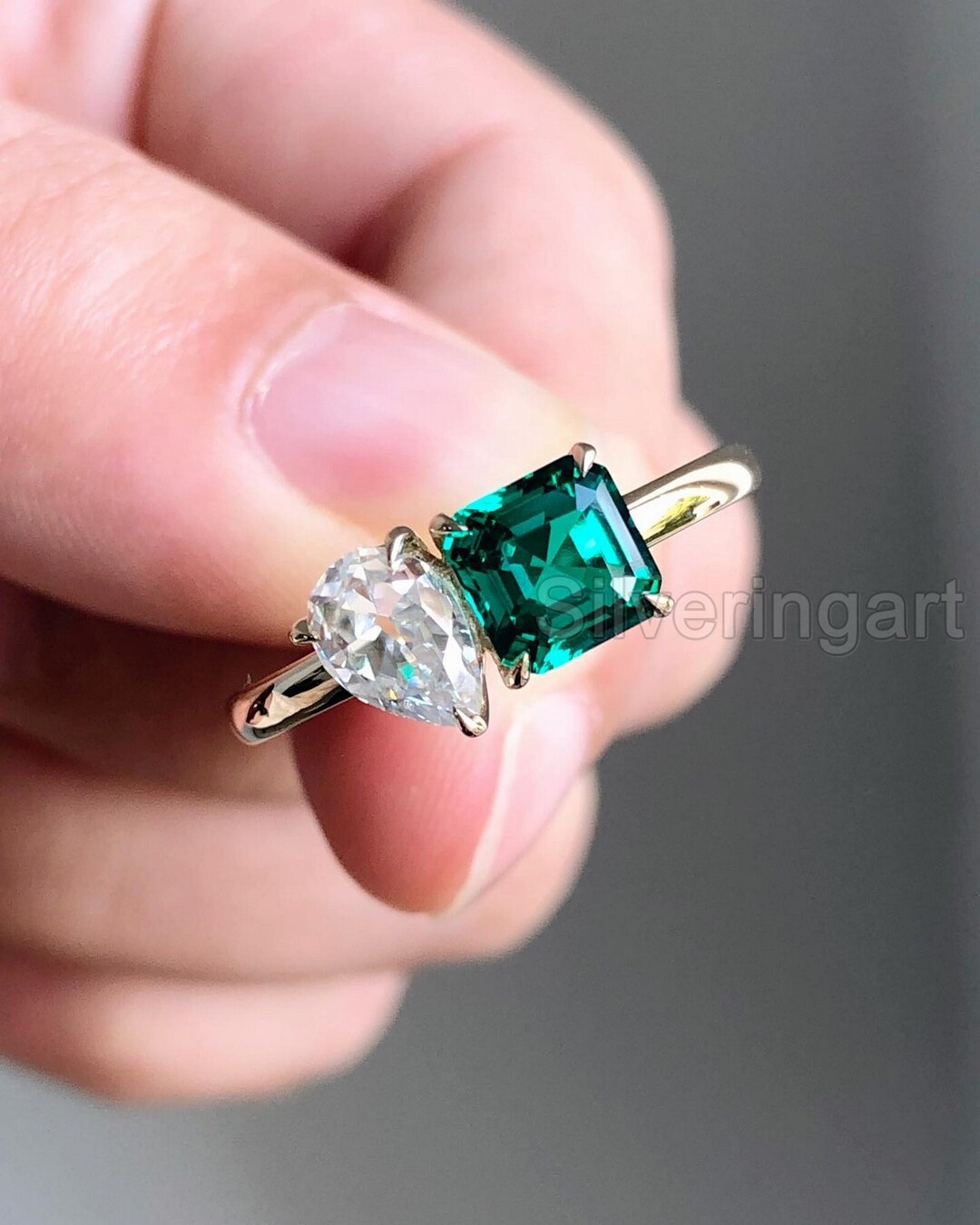 Octagon AAA Emerald & Moissanite Diamond Engagement Ring, Womens ...