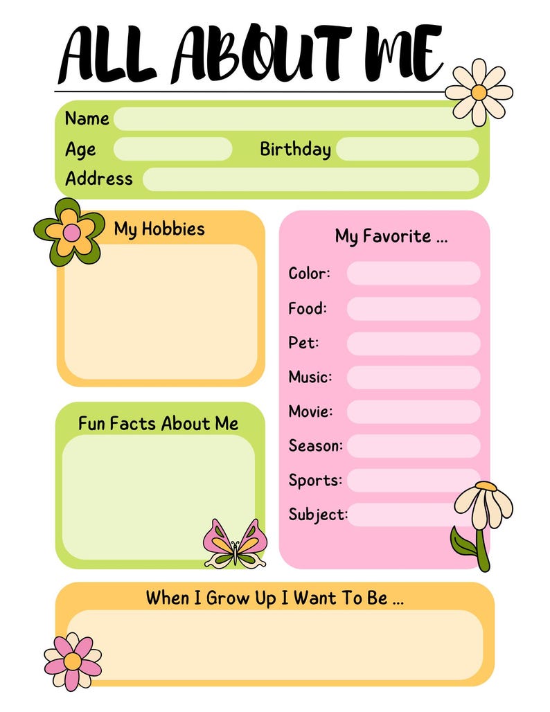 ALL ABOUT ME - School Worksheets Pack of 12 - Colorful All About Me ...
