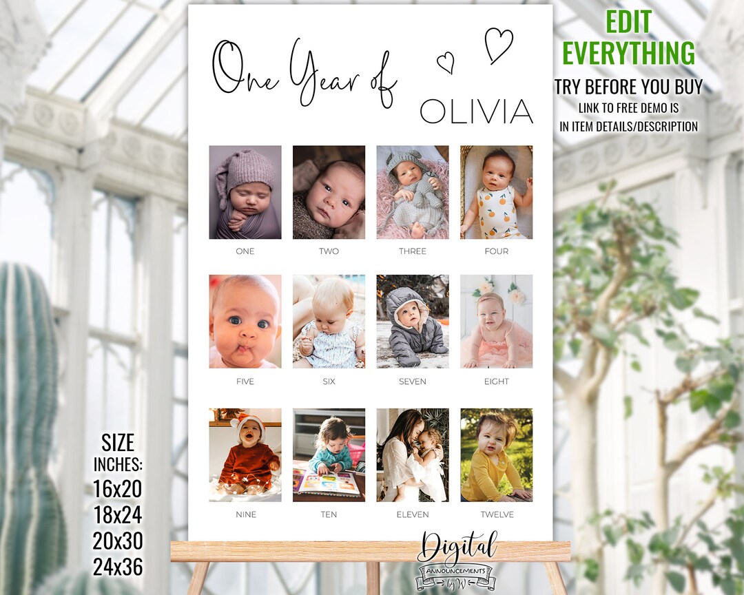 My First Year Poster Template. Editable 1st Birthday Photo Collage Sign ...