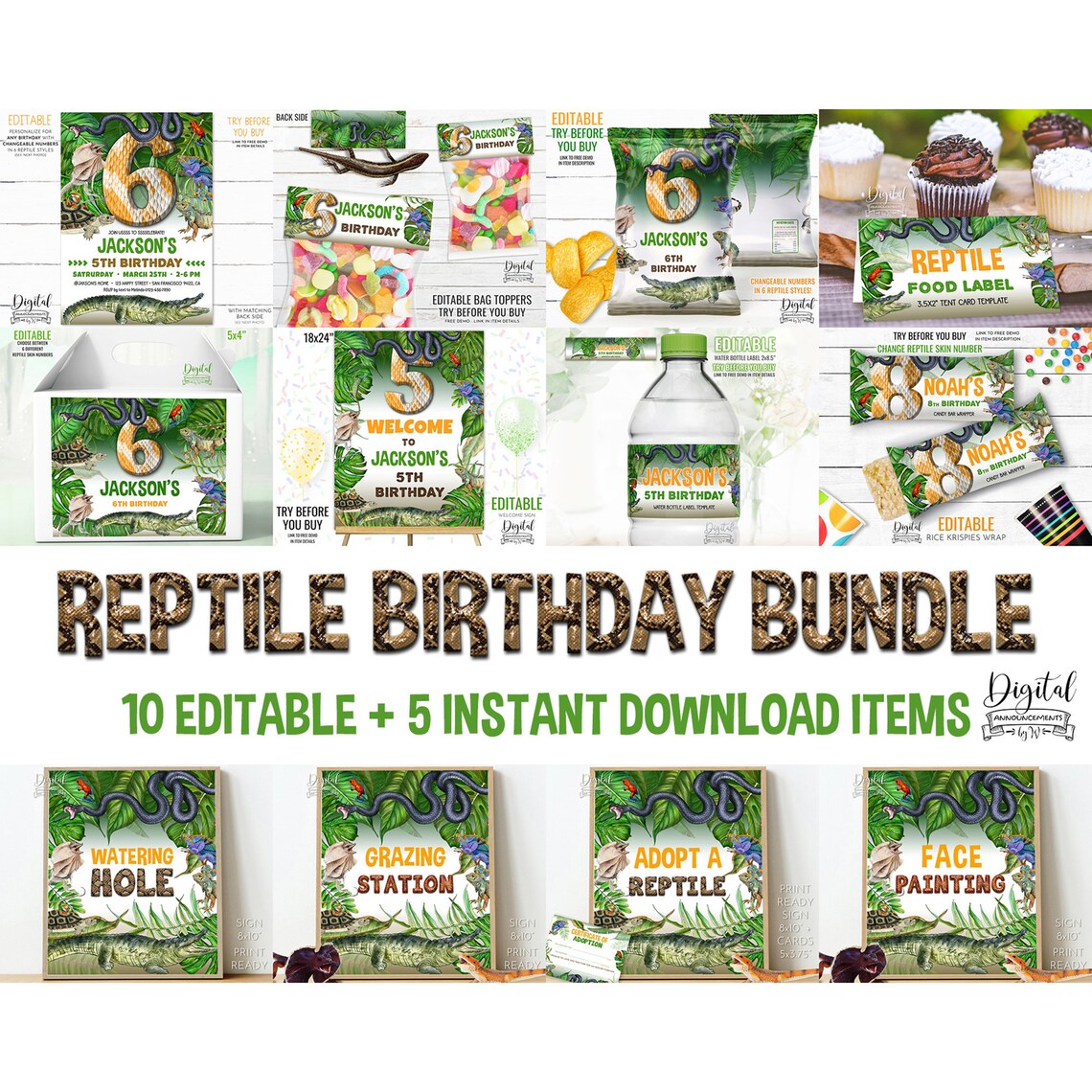Reptile Birthday Bundle Template. Editable & Instant Download Reptile ...