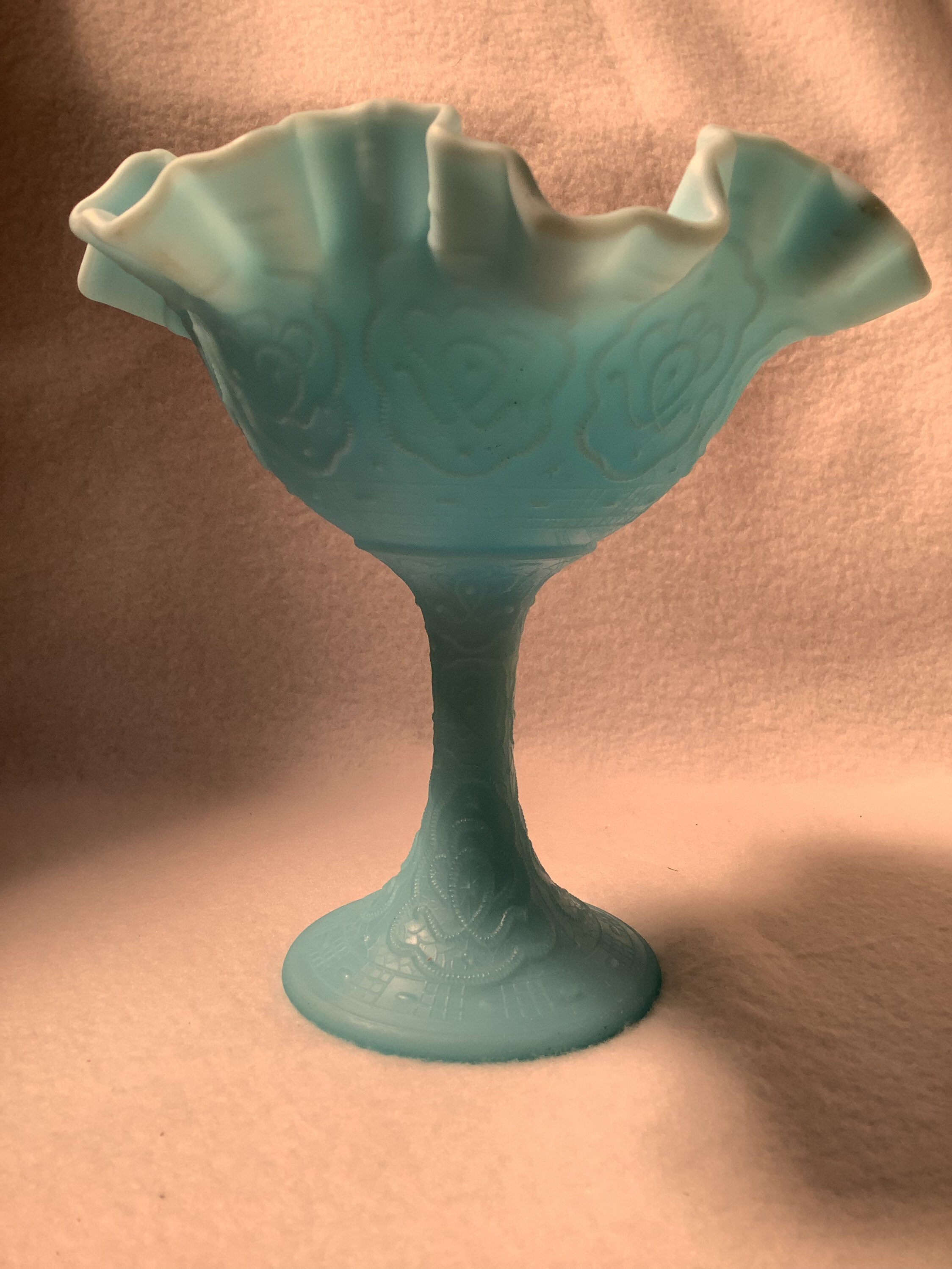 Vintage Fenton Blue Satin Glass Compote, Candy Dish, Ruffled Blue ...