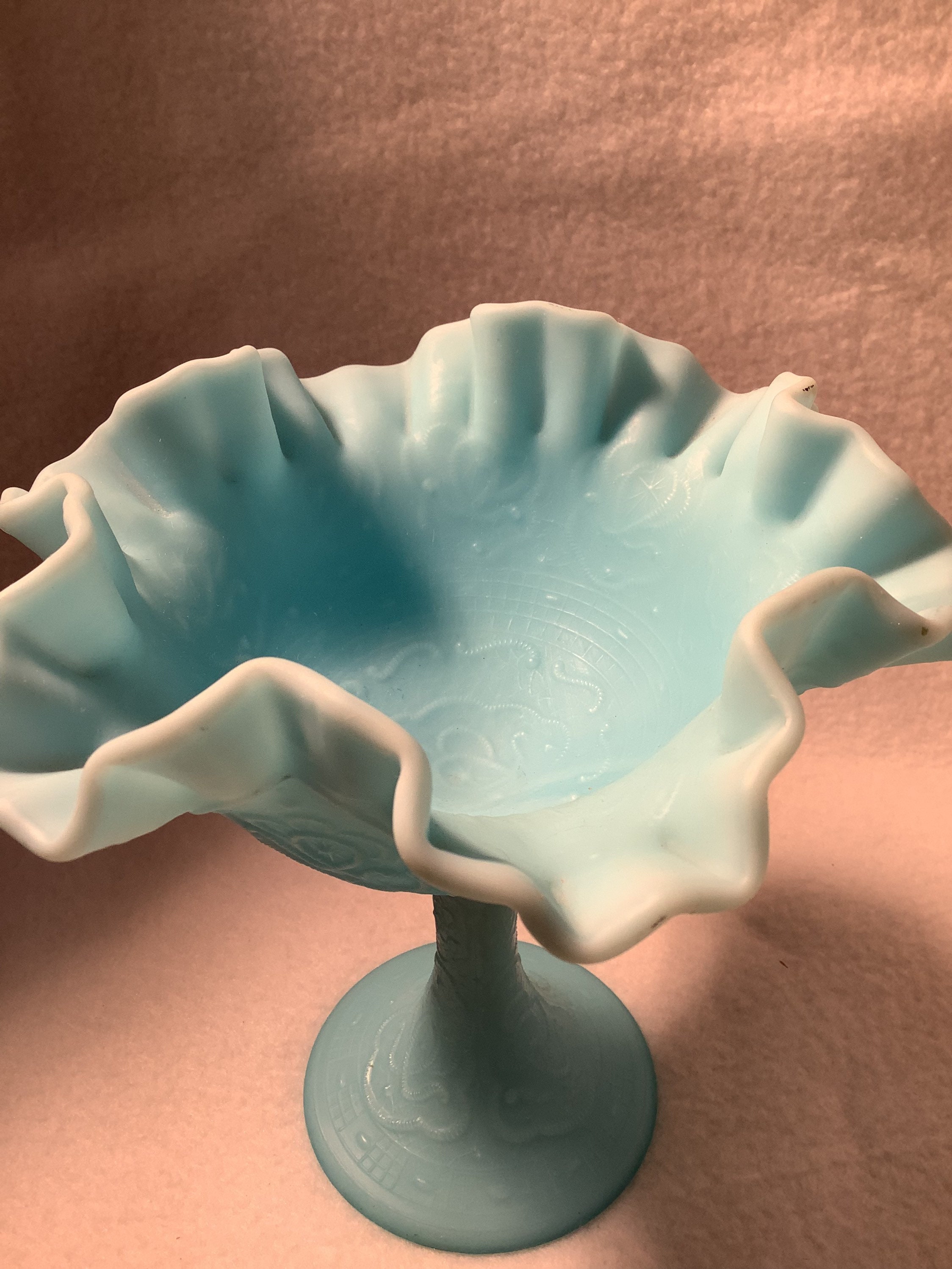 Vintage Fenton Blue Satin Glass Compote, Candy Dish, Ruffled Blue ...