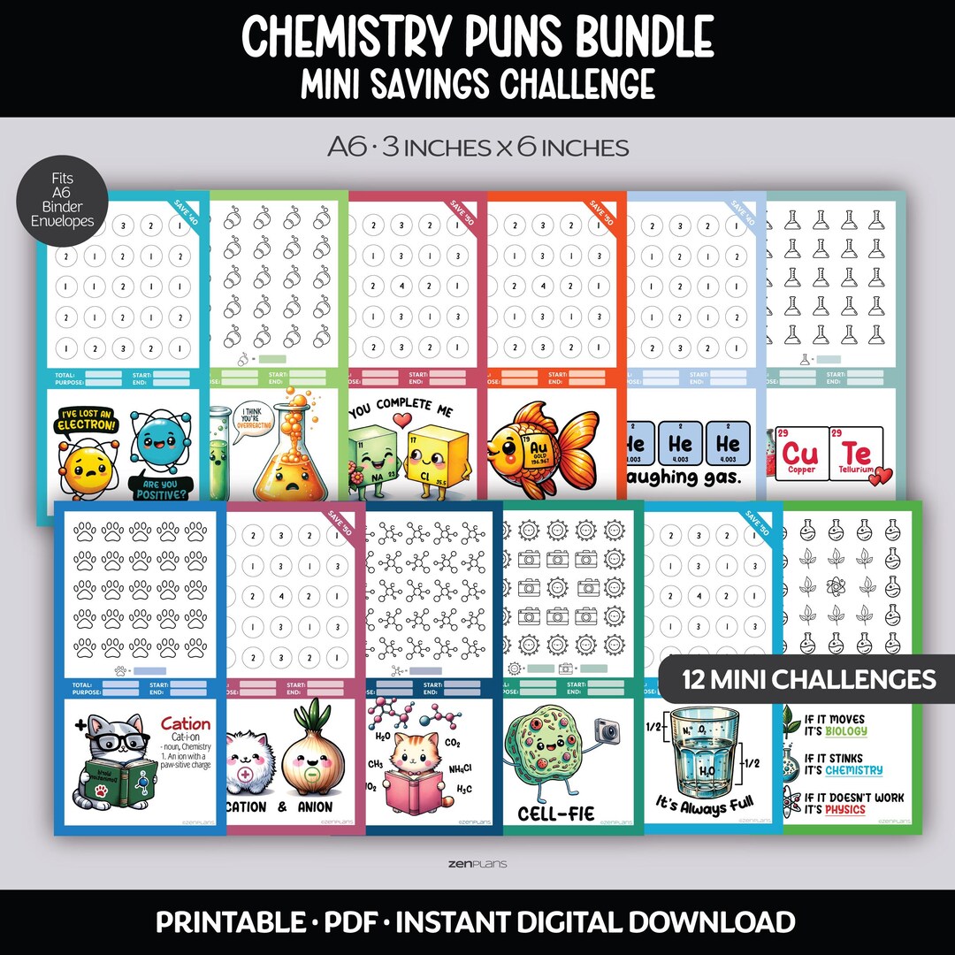 Mini Savings Challenge Bundle | Printable PDF | Low Income Budget | Chemistry Themed Puns ...