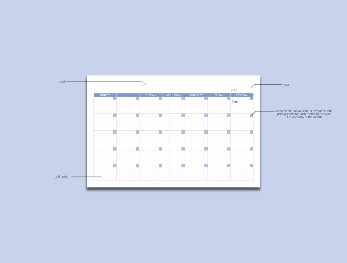 Printable Monthly Budget Undated Grid Calendar Worksheet | Month ...