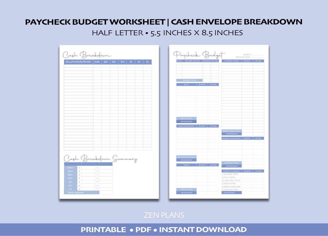 Paycheck Budget Template Worksheet | Cash Envelope Breakdown Sheet ...