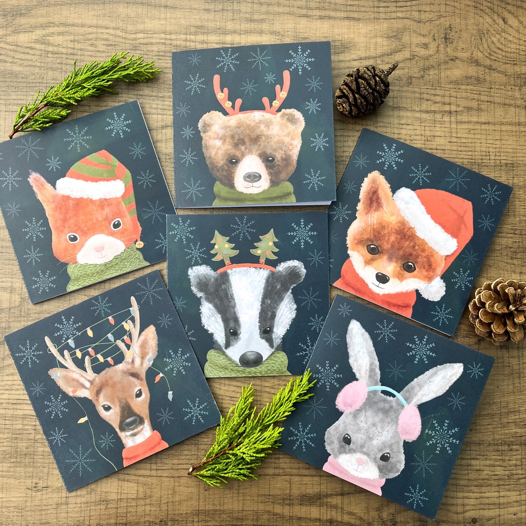 Cute Woodland Animals Christmas Cards Pack of 6 - Fox, Bear, Badger ...