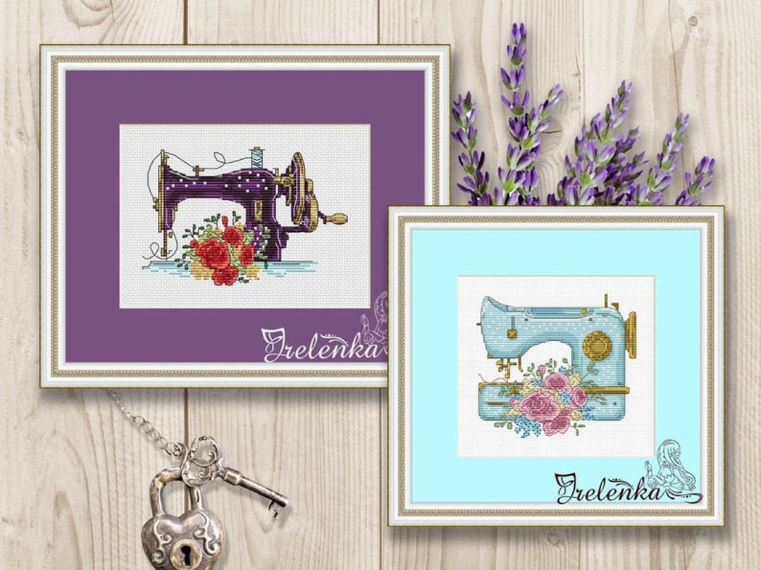 Cross Stitch Pattern Sewing Machine Flowers Retro Sewing Xstitch Set ...