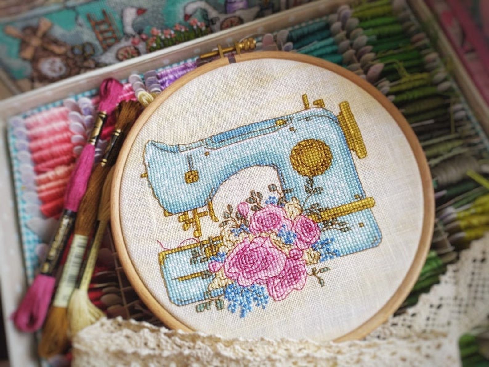 Cross stitch pattern sewing machine flowers retro sewing | Etsy