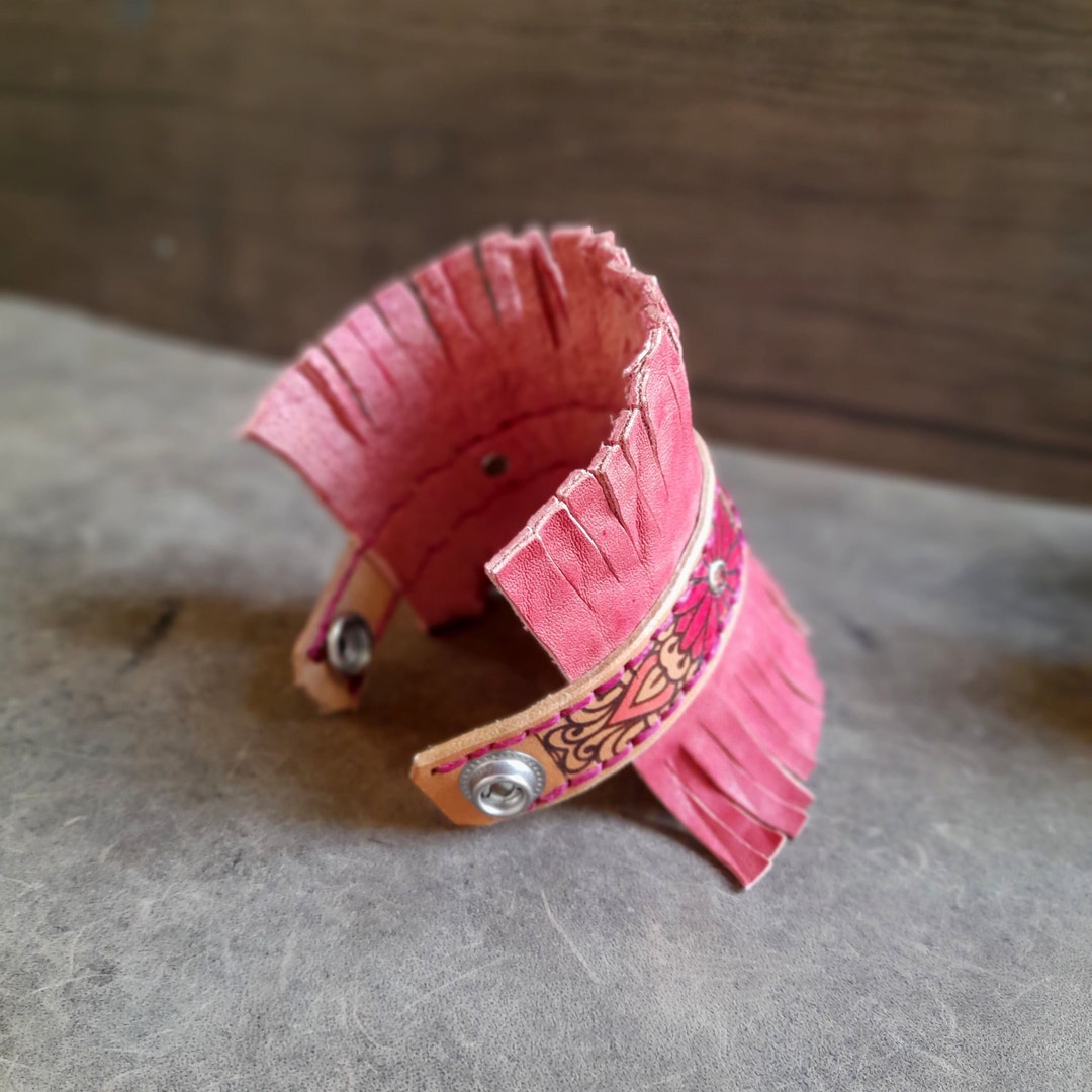 Extra Wide Pink Leather Fringe Cuff With Hand Painted Mandala Flowers ...