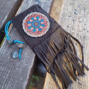 Hand Painted Mandala Leather Pouch, Drawstring Pouch, Small Healing ...