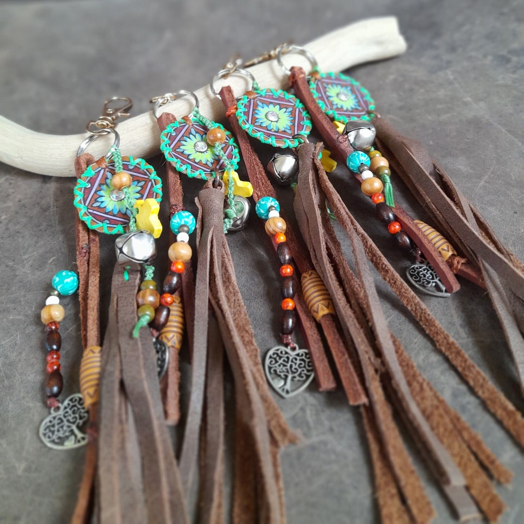 Leather Bag Charm, Handmade Leather Tassel Keychain, Hand Painted ...