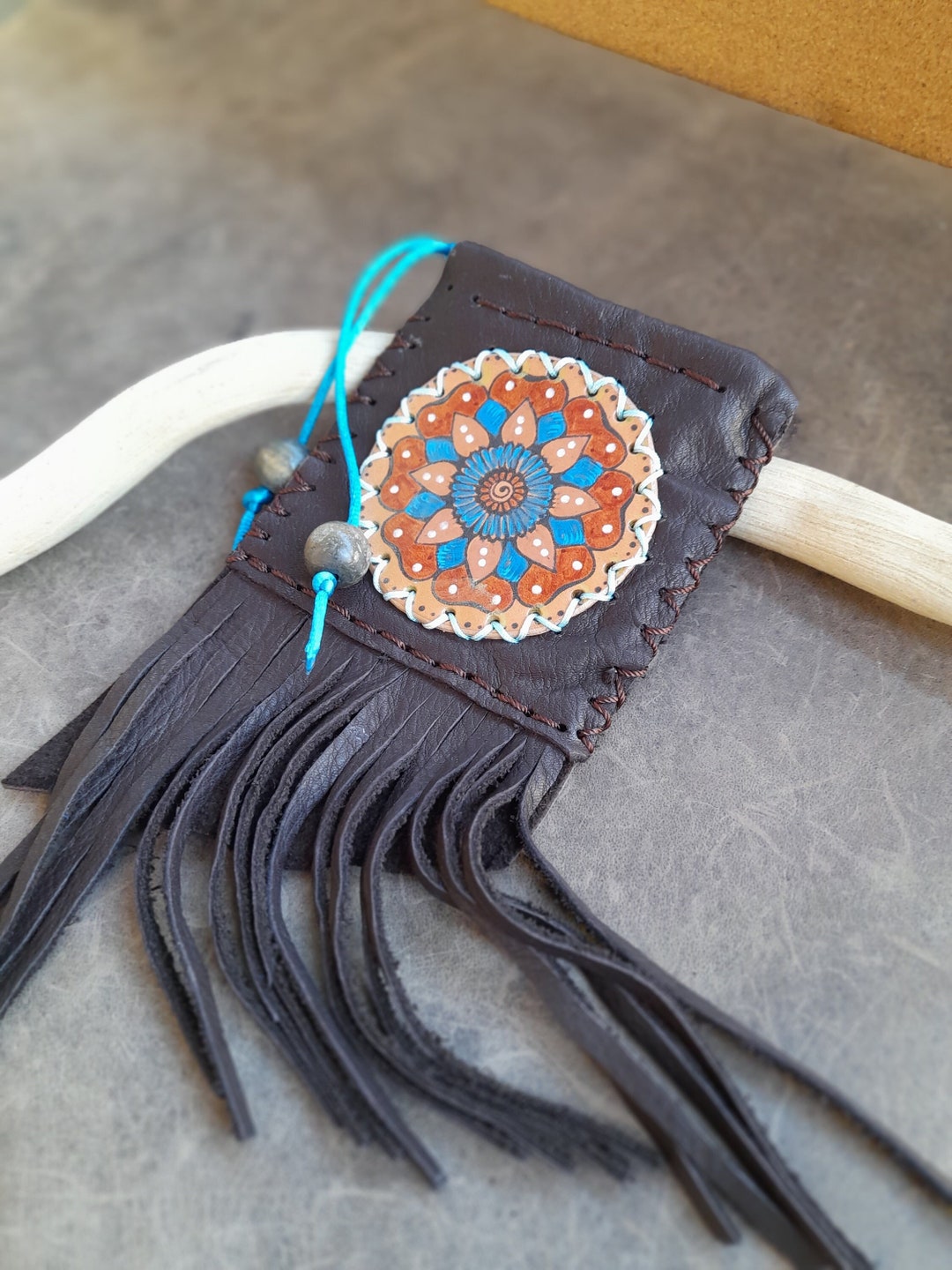 Hand Painted Mandala Leather Pouch, Drawstring Pouch, Small Healing ...