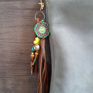 Leather Bag Charm, Handmade Leather Tassel Keychain, Hand Painted ...