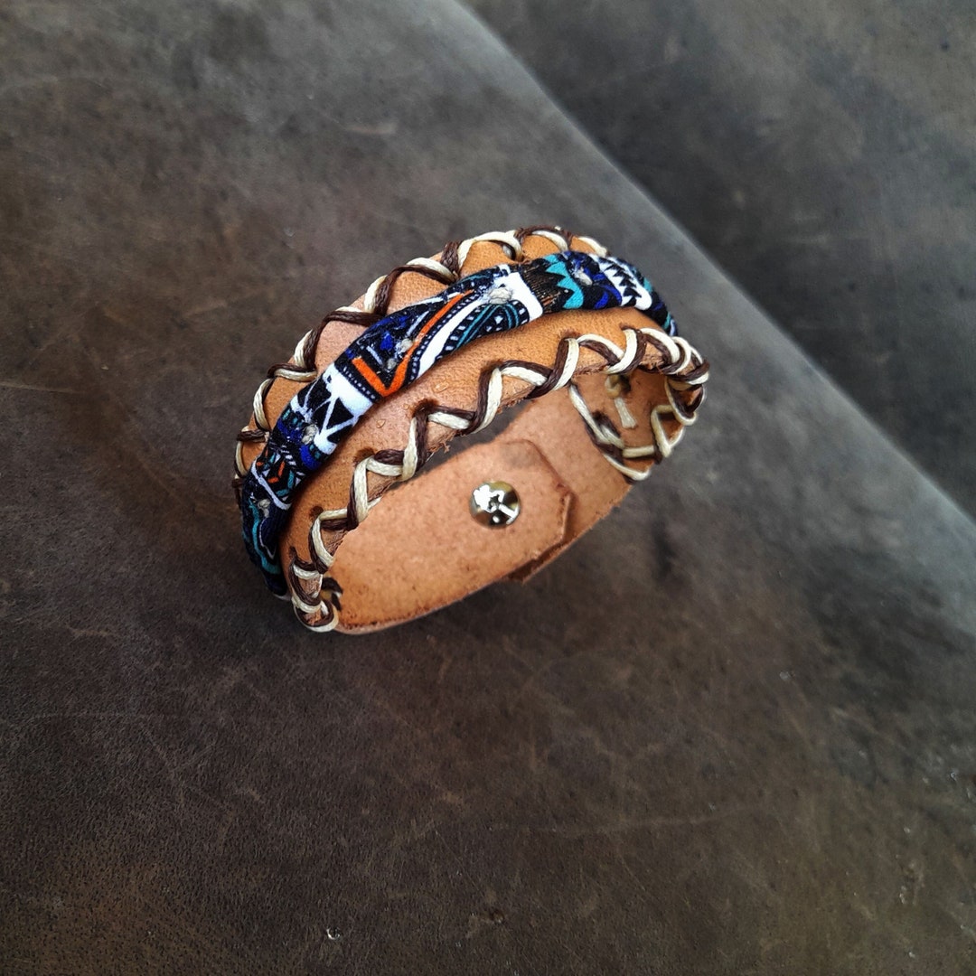 Ethnic Leather Bracelet, Beige/brown Adjustable Cuff, Unisex Leather ...