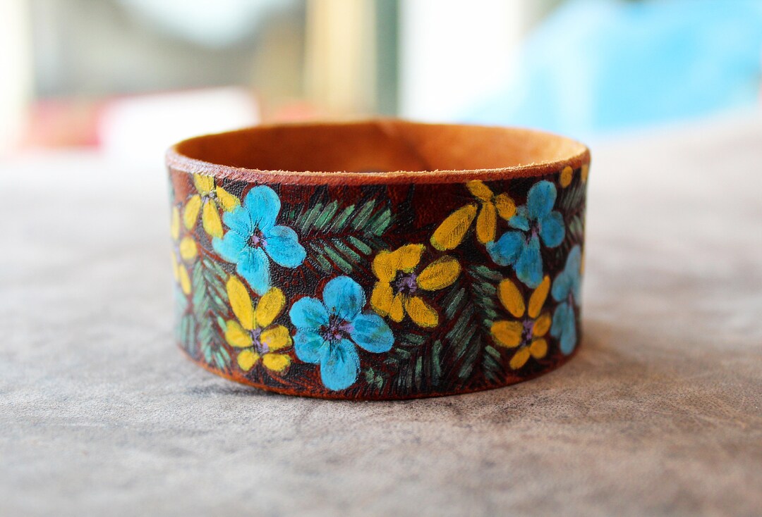 Tropical Flowers Bracelet, Hand Painted Leather Wristband, Secret ...