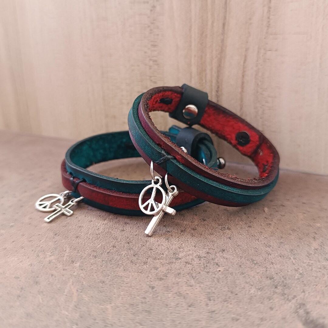 Dangle Bracelets Set for Couples, Matching Bracelets, Peace Cross ...