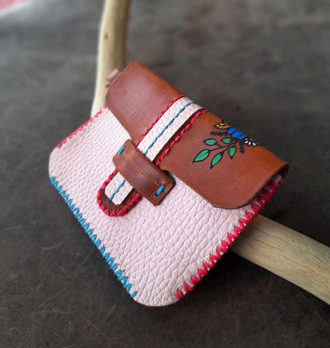 Powder Pink Flap Wallet, Hand Painted Horizontal Leather Coin Purse ...