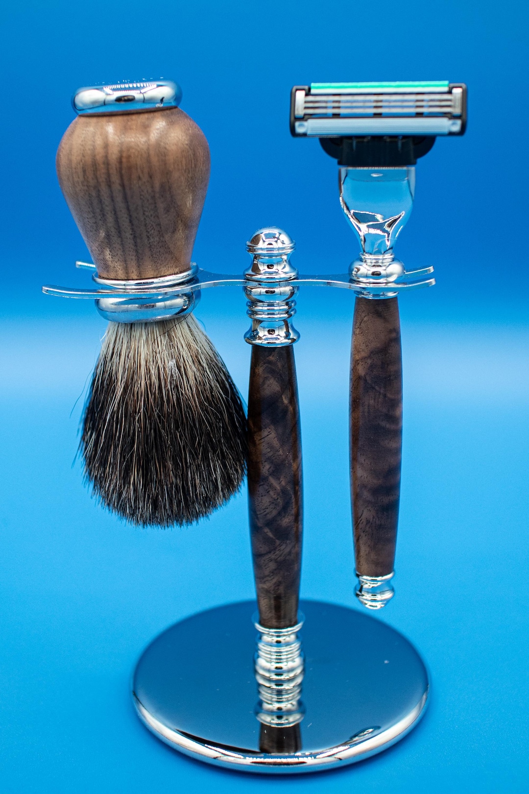 Black Walnut Shaving Set With Badger Hair Brush and Gillette Mach III ...