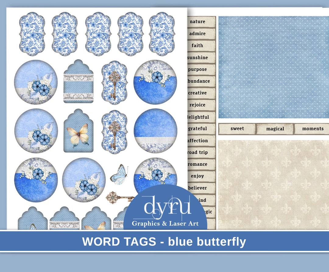 Word Tags, Blue Tag, Butterfly Tag, Junk Journal, Embellishment ...