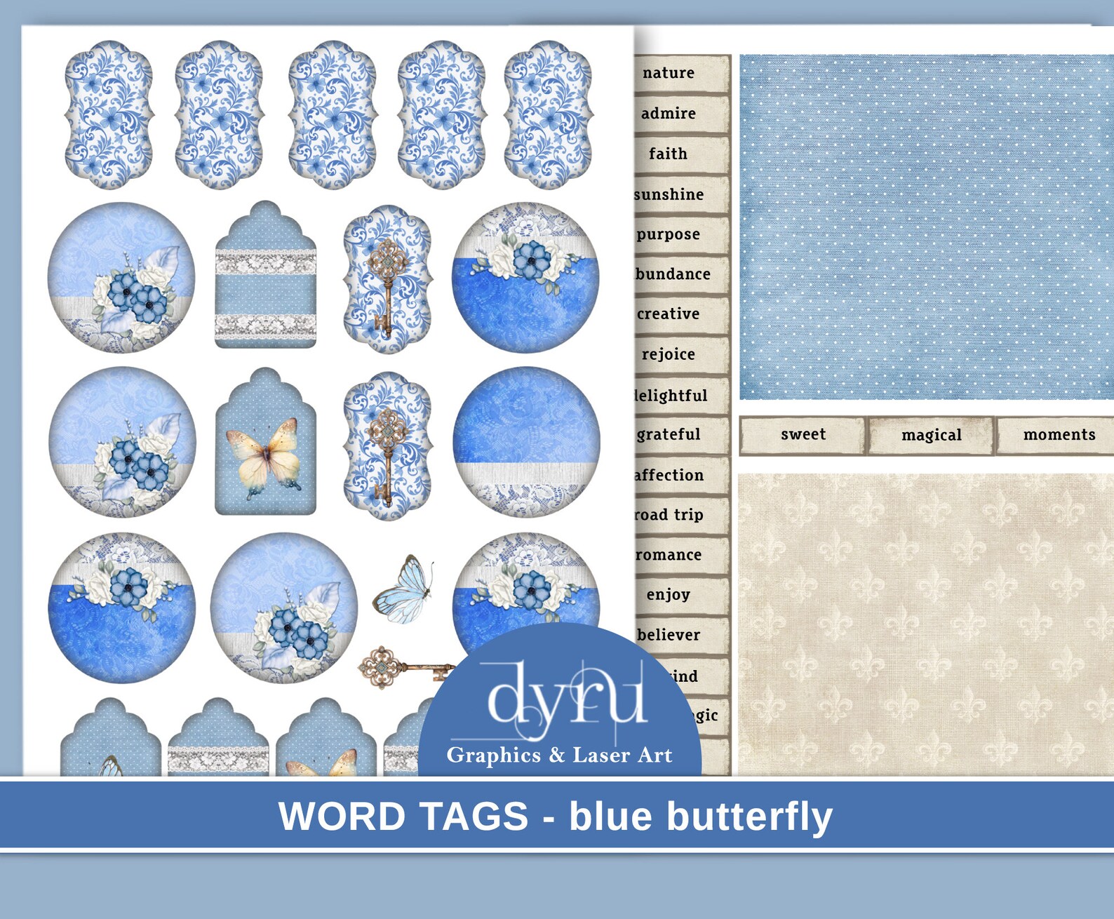 Word Tags, Blue Tag, Butterfly Tag, Junk Journal, Embellishment ...