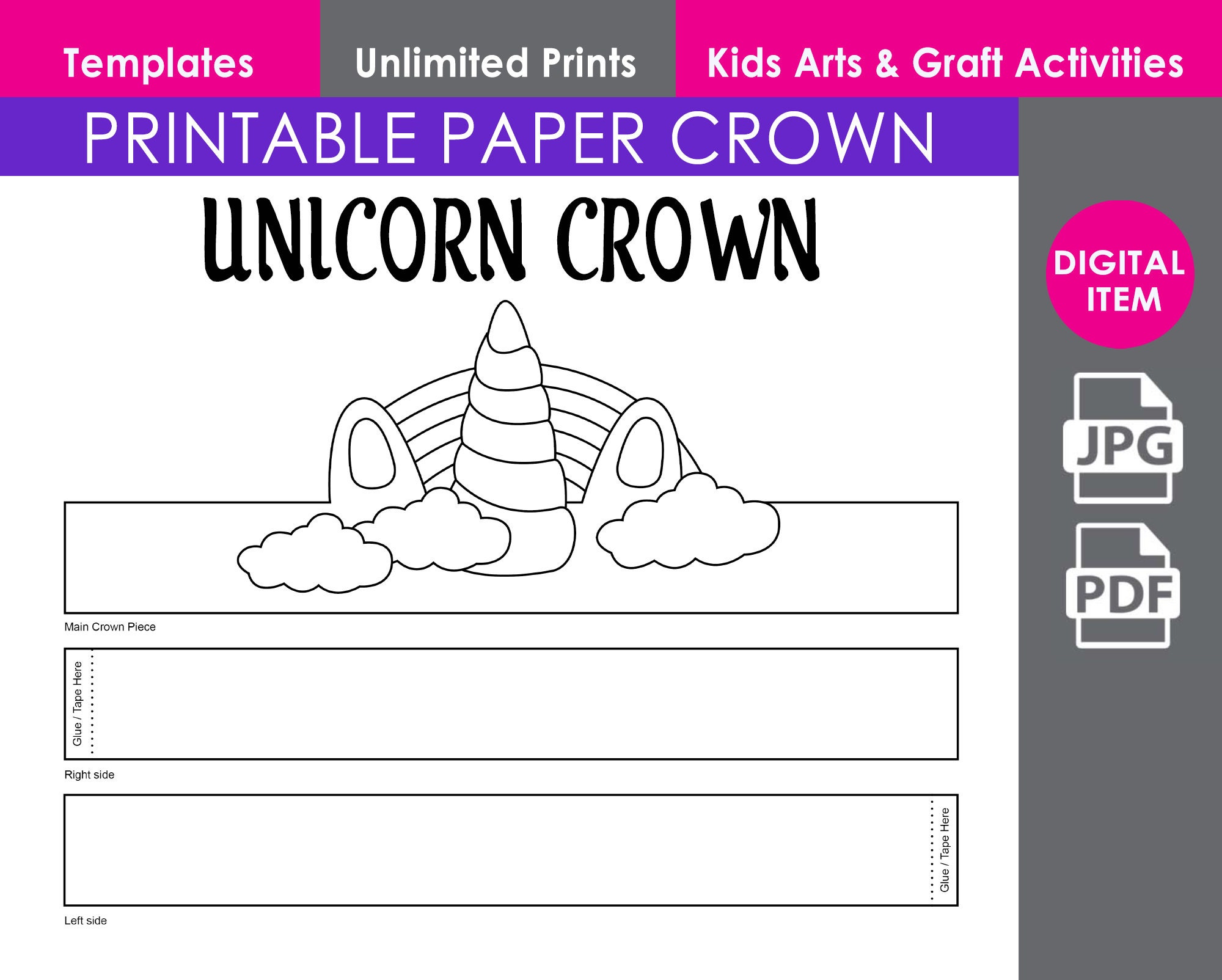 Unicorn, Rainbow, Printable Paper Crown, Print, Cut Crown Template ...