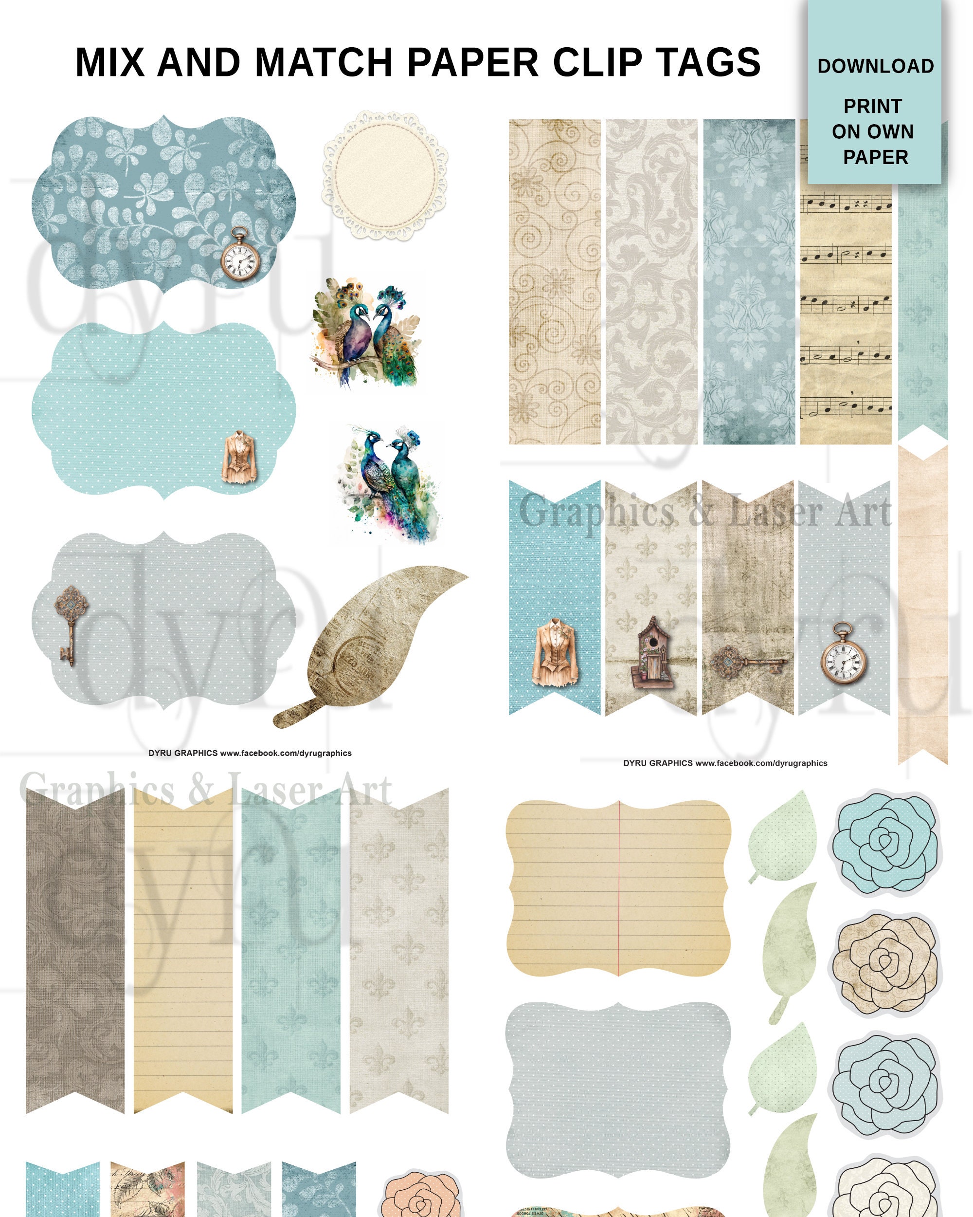 Paperclip Tags, Junk Journal, Embellishment, Teal Tags, Journal Shapes ...