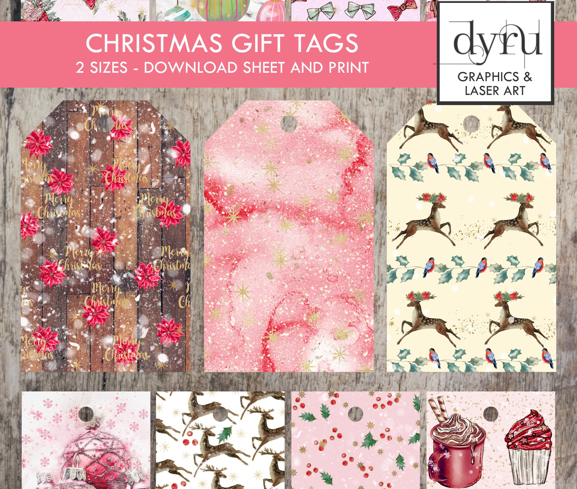 PINK Christmas Gift Tags, Printable Festive Tags, Printable Gift Tag ...