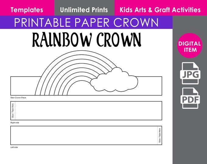 Rainbow Paper Crown Template, Kids Coloring Craft (PDF and Jpeg) - Etsy