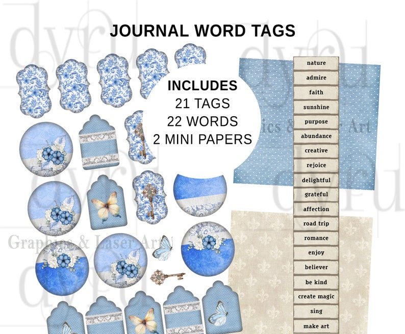 Word Tags, Blue Tag, Butterfly Tag, Junk Journal, Embellishment ...