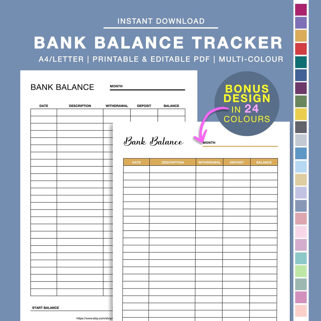 Bank Balance Sheet, Printable Financial Planner, Multi-colour Money ...