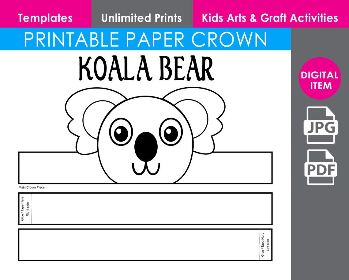 Koala Bear Printable Paper Crown. Print and Cut Crown Template. Party ...