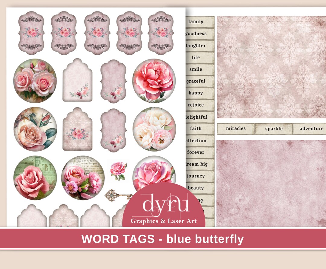 Word Tags, Rose Tags, Junk Journal, Shabby Pink, Embellishment ...