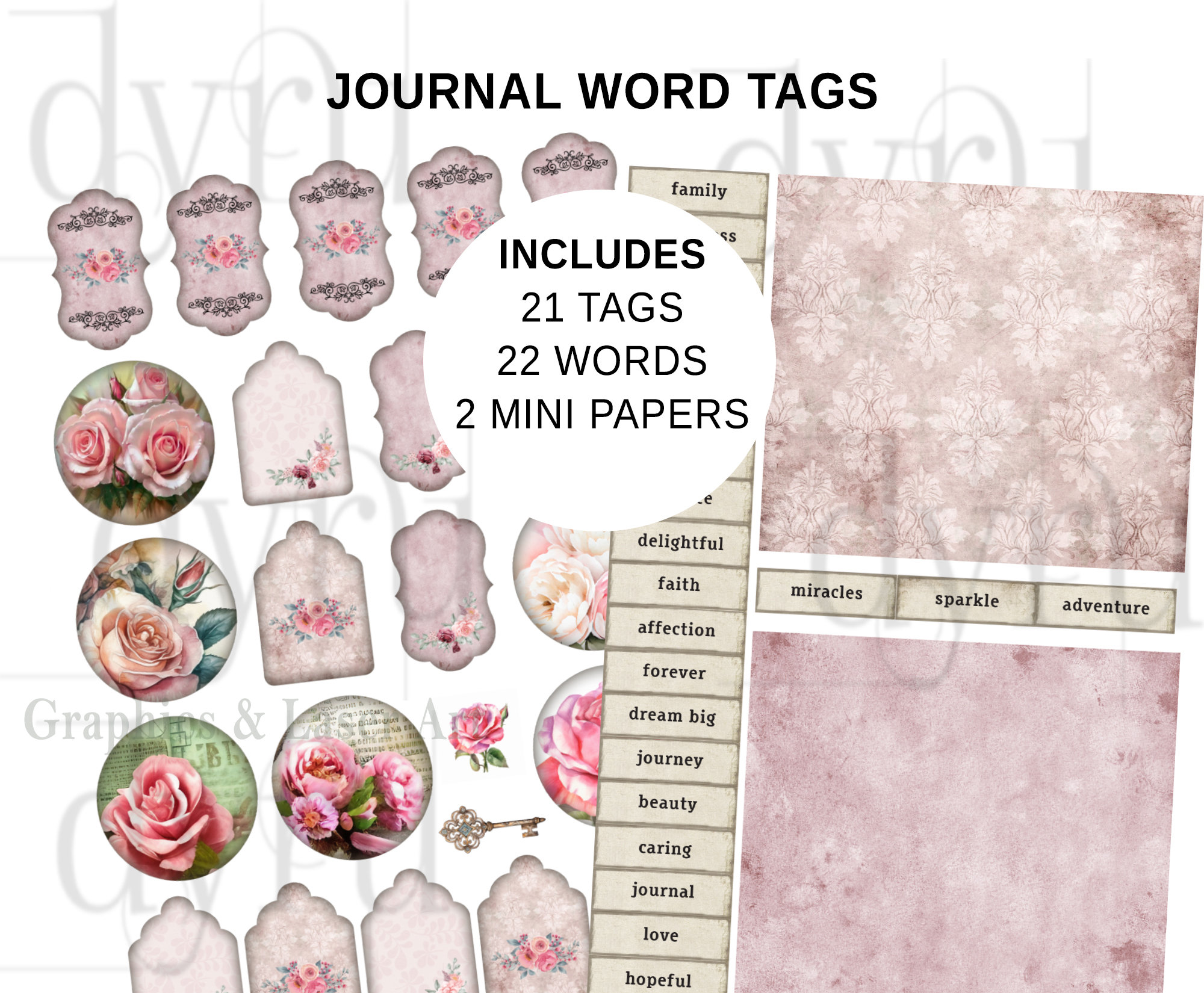 Word Tags, Rose Tags, Junk Journal, Shabby Pink, Embellishment ...