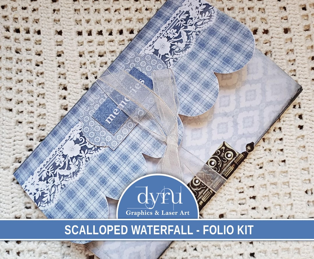 Blue Tri-fold Folio, Scalloped Waterfall Folio, Template, Trifold Folio Kit, Folio Kit, Junk ...