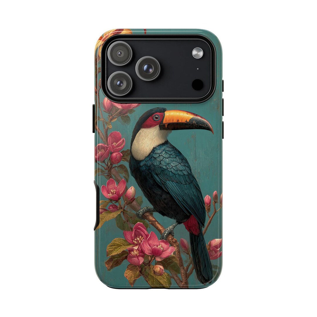 Phone Ink: Toucan Bird Pink Flower Branch Teal - Minimalist or Rugged ...