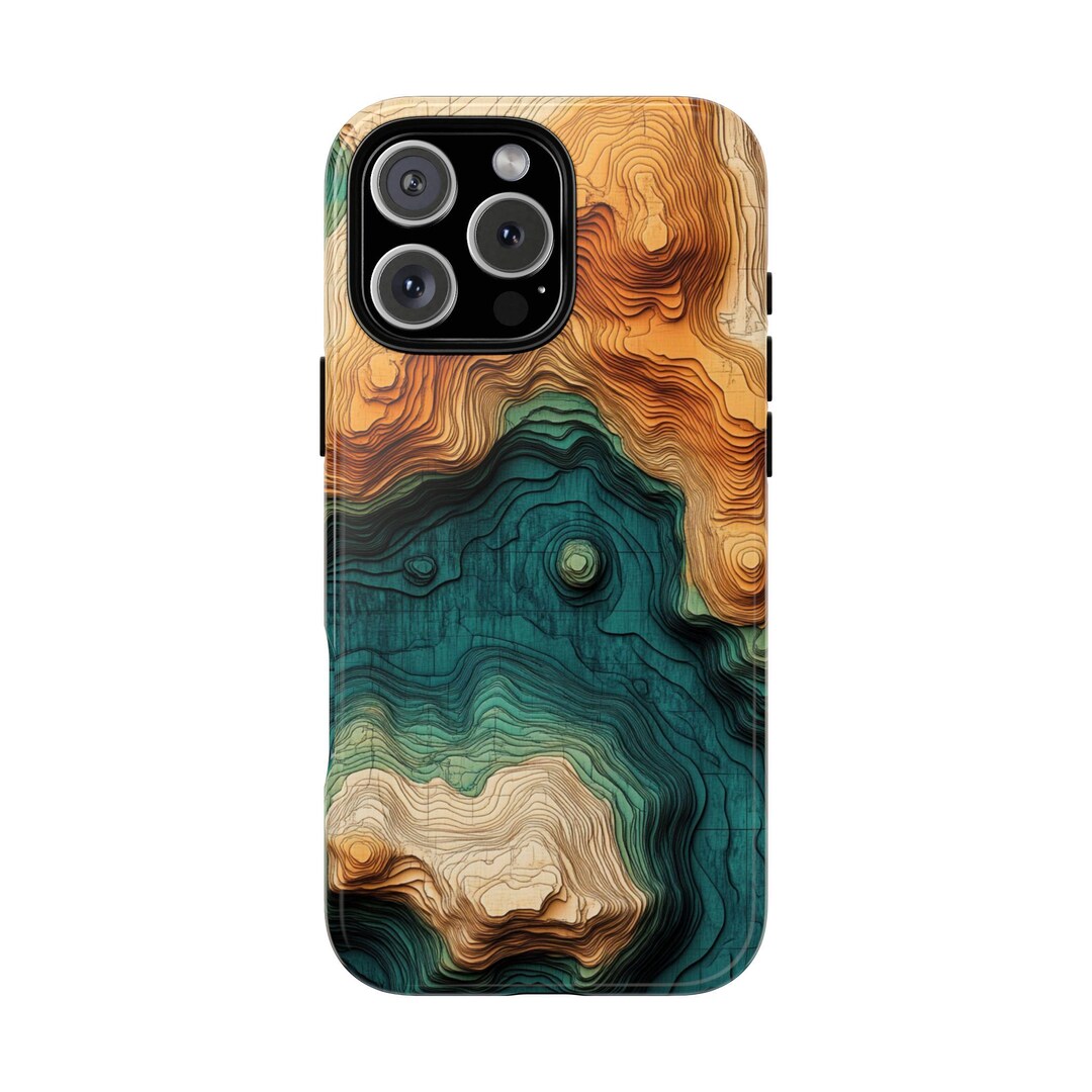 Teal Terrain Woodgrain Topography Map UV Print Phone Case for iPhone 16 ...