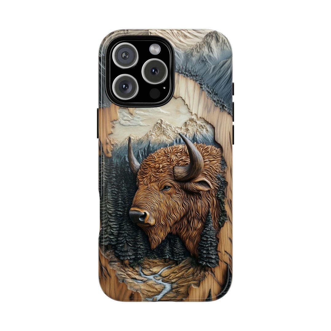 Phone Ink - Buffalo Carved Wood Style Bison Wilderness UV Print - Phone ...