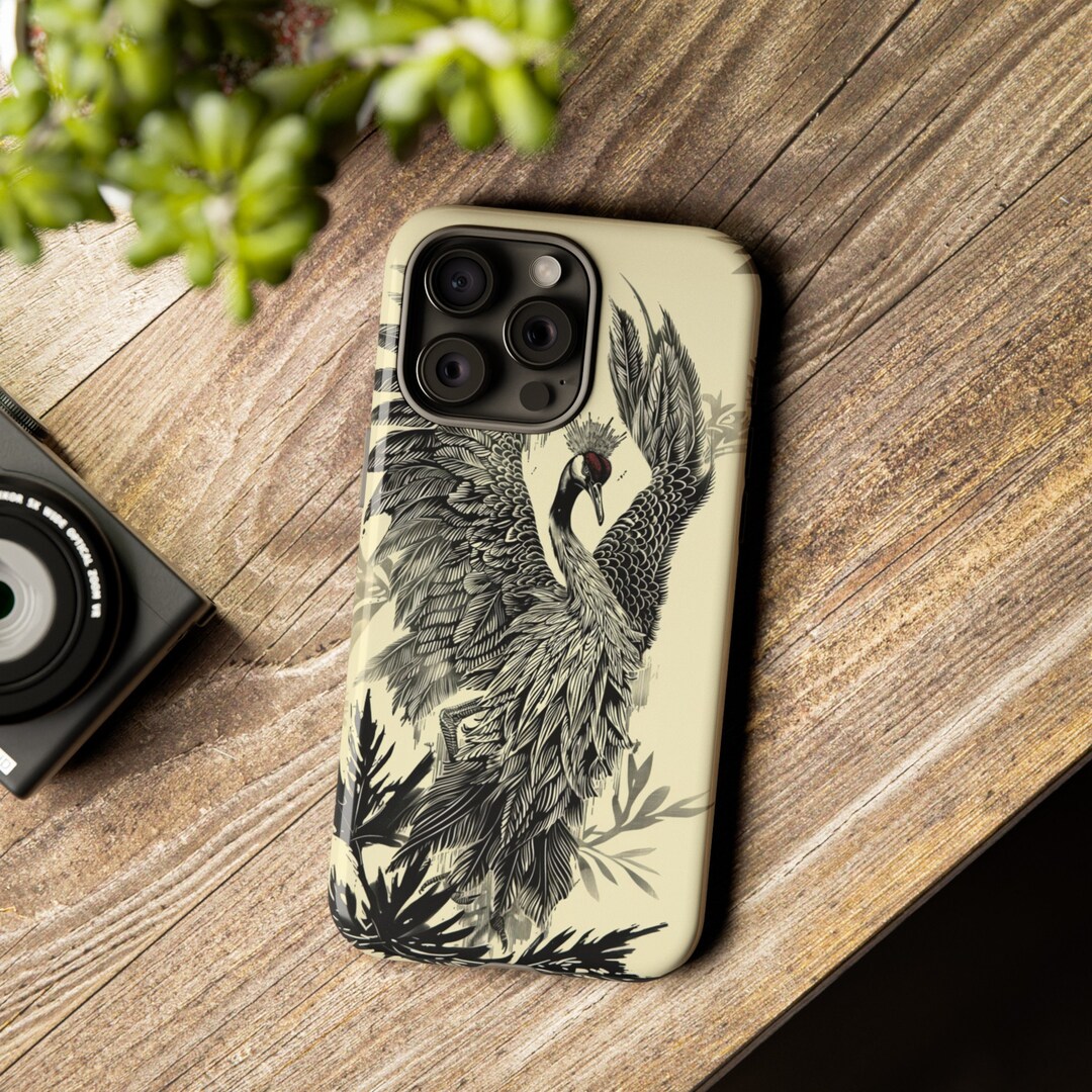 Woodcut Red Crowned Crane Bird Phone Case: Iphone, Galaxy, Pixel ...