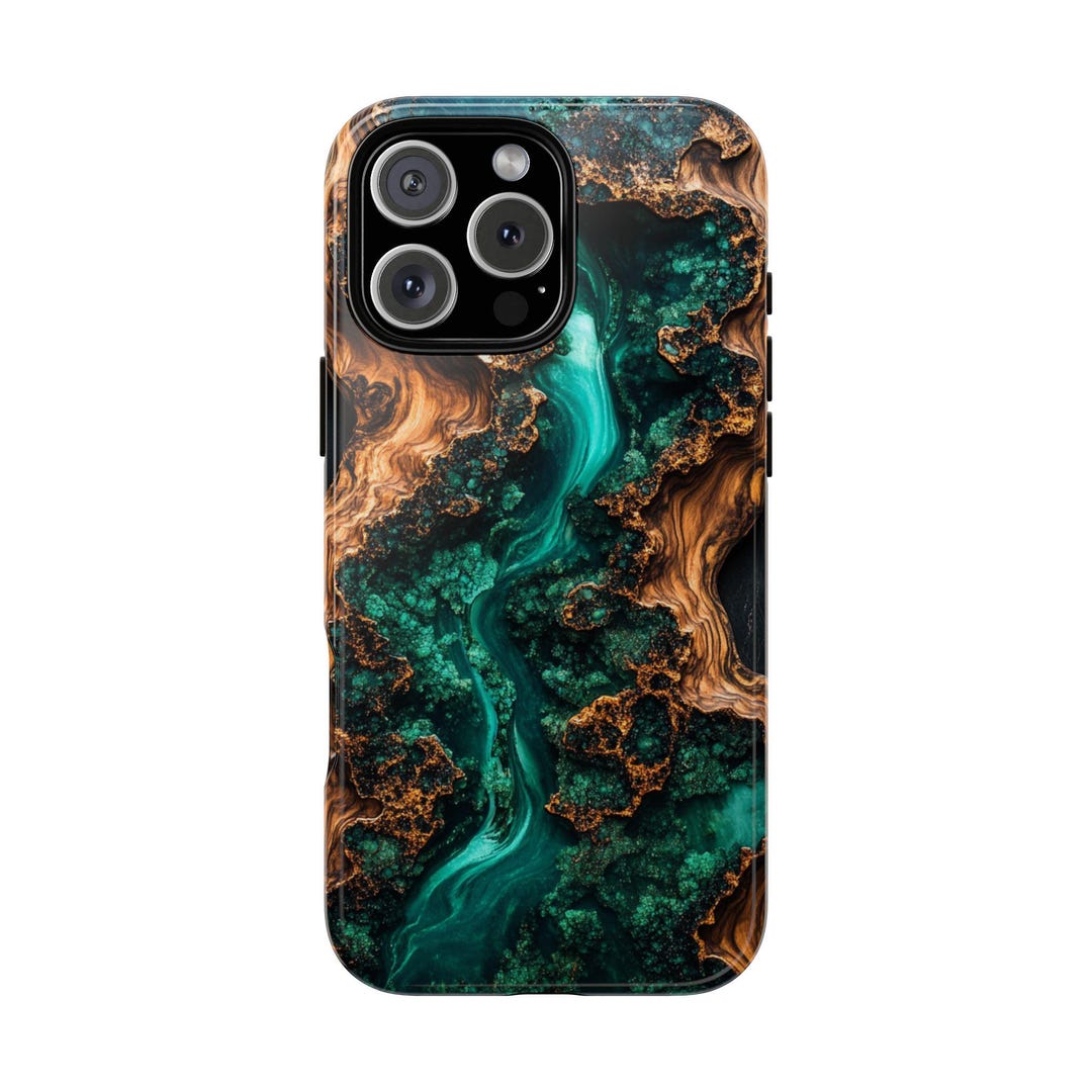 Emerald Teal Resin Dark Walnut Marble Print Phone Case for iPhone 17 ...