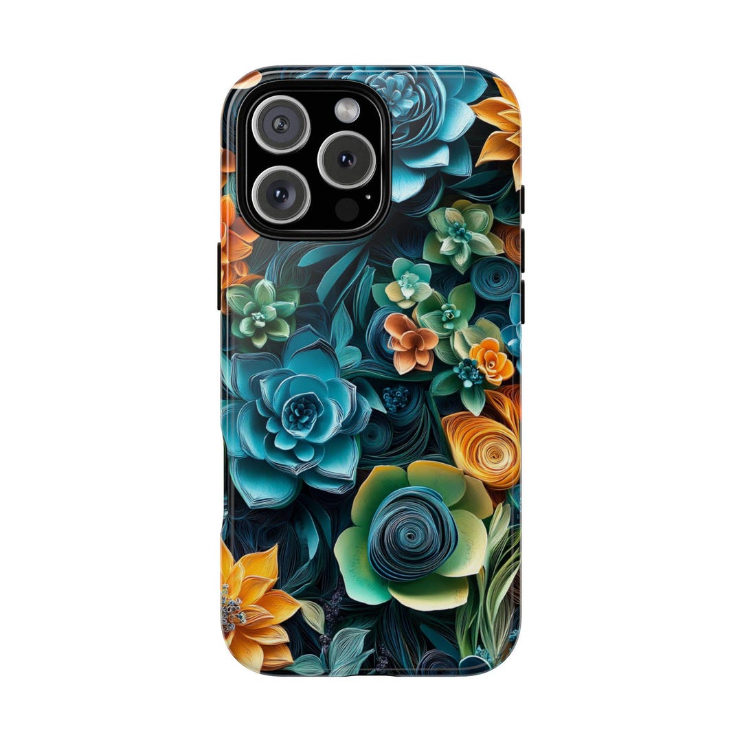 Succulents Paper Quilled Teal Blue Flowers Phone Case for iPhone 16 16e ...